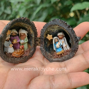 Miniature Nativity Scene in a Nutshell, Walnut Art, Tiny Nativity ...
