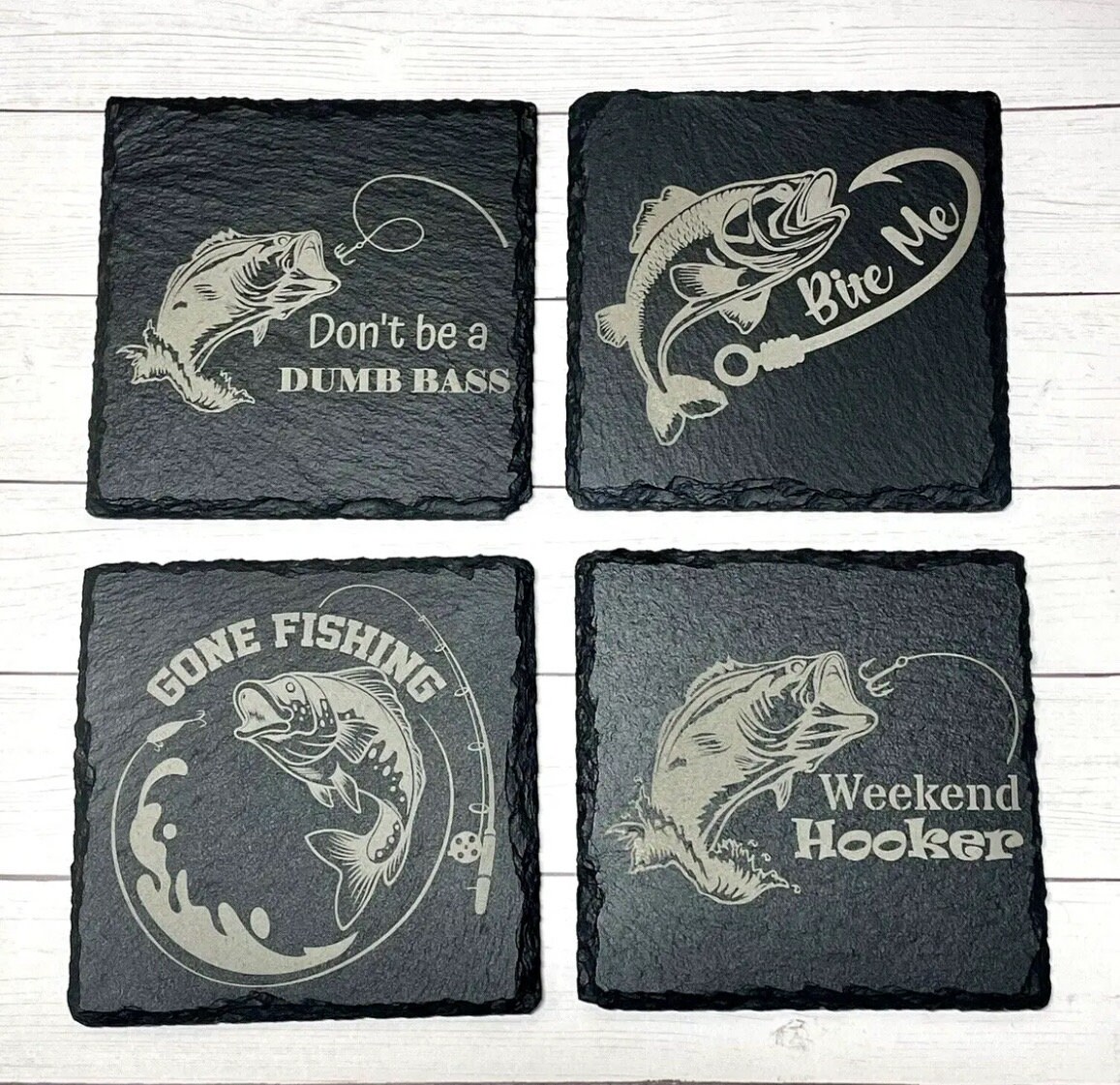 Bass Fishing Slate Coasters, Set of 4 Fishing Coasters, Funny Drink ...