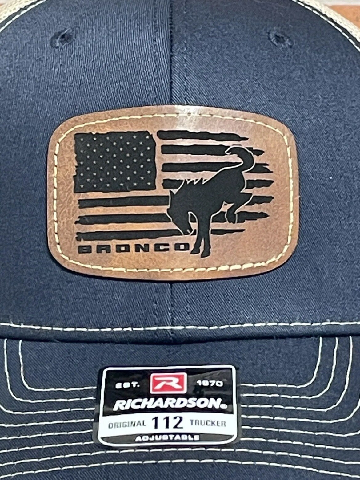 Richardson 112 Ford Bronco USA Flag Leatherette Patch Trucker Hat ...