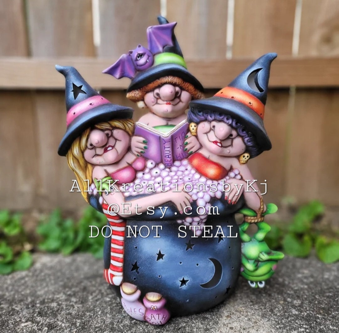 Ceramic Witches in Cauldron, Clay Magic, Bathing Beauties, Witch Decoration, Halloween Witches ...
