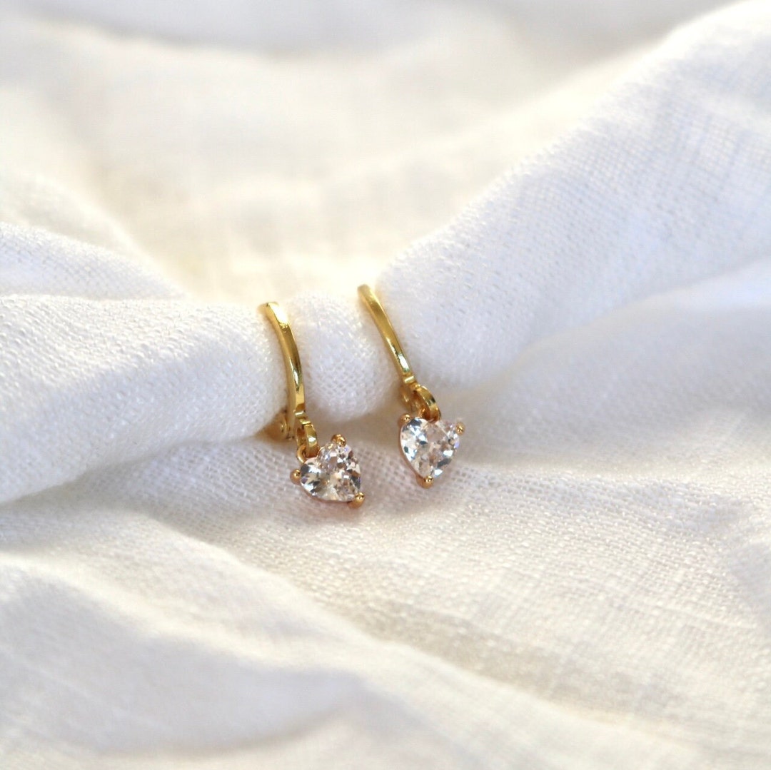 Gold Huggies With Dangle Heart 18k Gold Plated Dangle Heart Hoops ...
