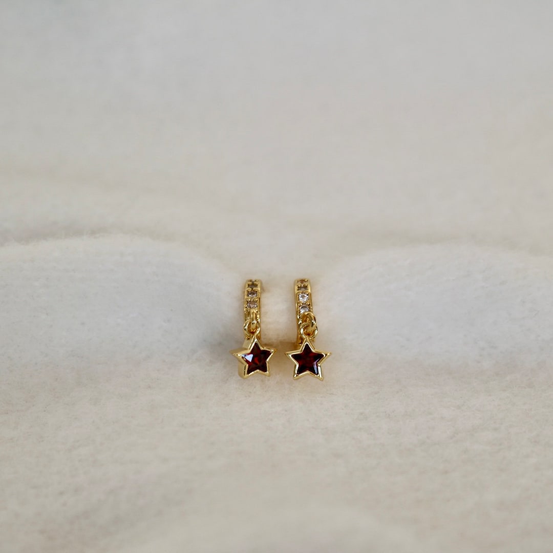Gold Huggies With Dangle Red Star | Red Star Dangle Hoops | Christmas ...