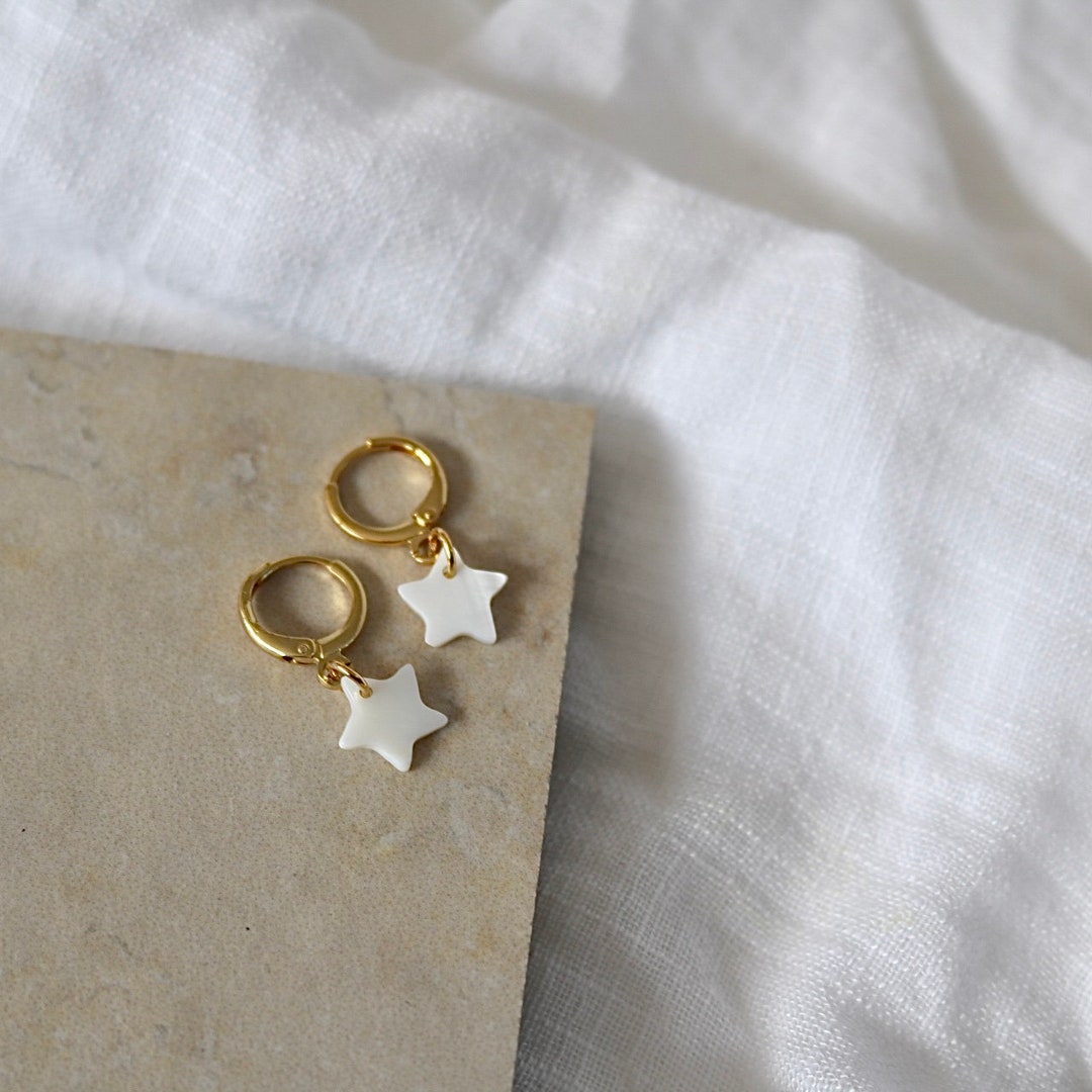 Gold Huggies With Dangle Shell Star | Freshwater Shell Star Huggie ...