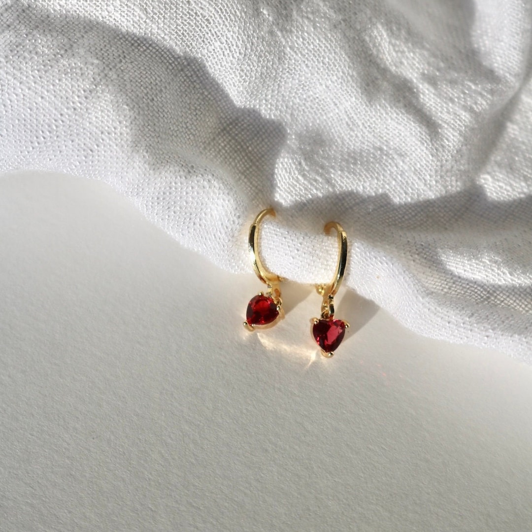 Gold Huggies With Dangle Red Heart | 18k Gold Plated Dangle Heart Hoops ...