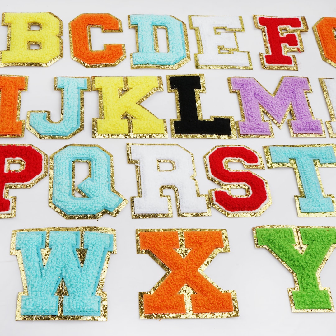 3.12" Sticker Colorful Chenille Embroidered Letters Patch Gold Glitter ...