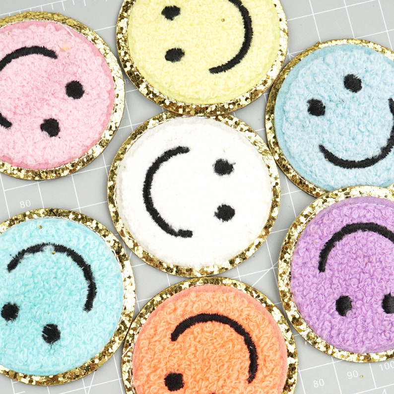 Chenille Smiley Face Patchglitter Smiley Face Patchemoji - Etsy