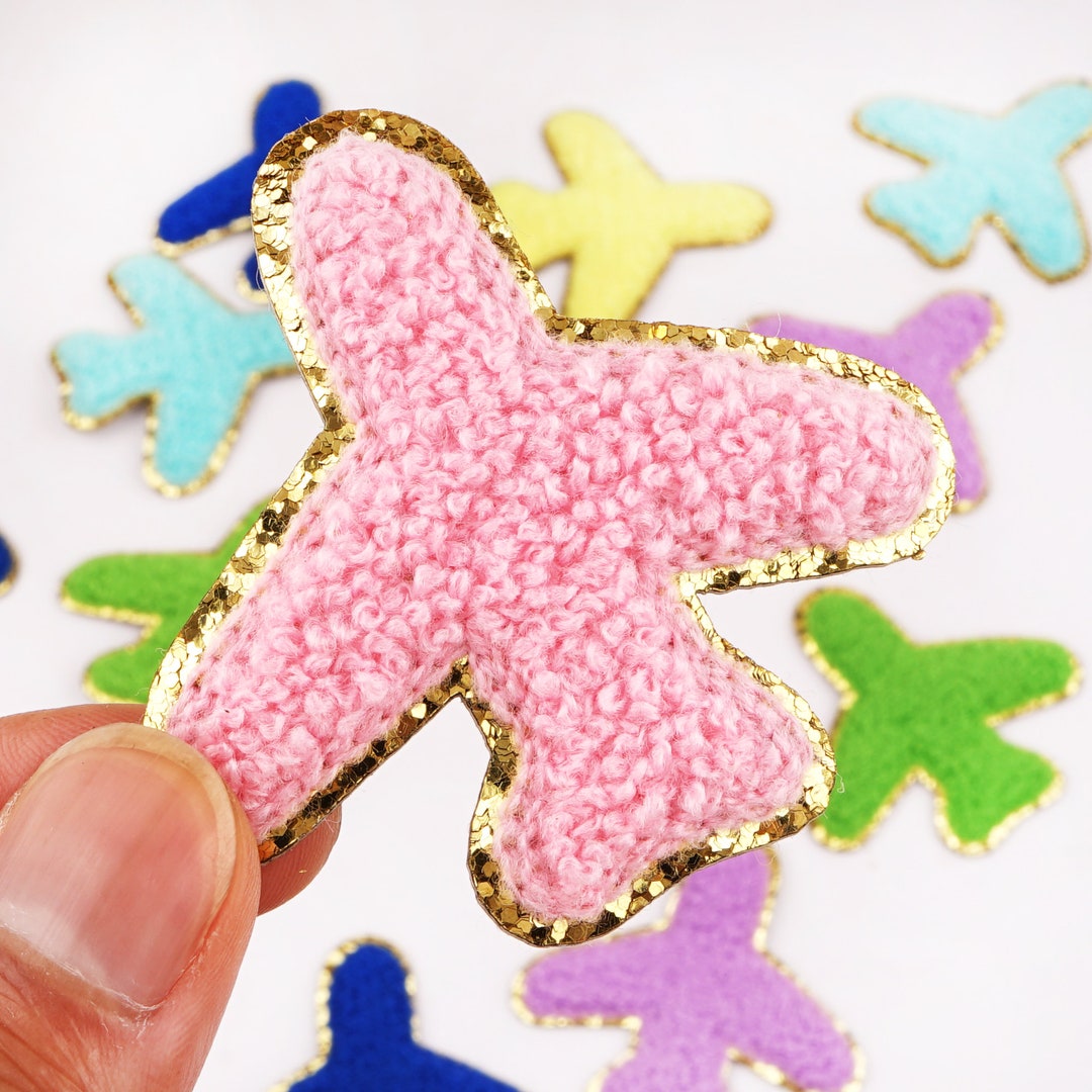 NEW Pink Chenille Airplane Patches,adhesive Airplane Gold Rim Glitter Chenille Patch,iron on ...