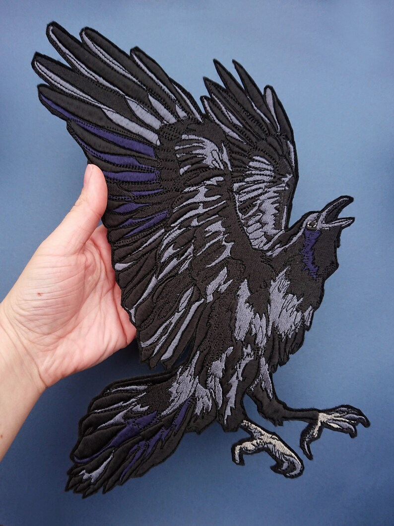 Raven Crow Patch Large Embroidered Patch Black Feathers Bird - Etsy