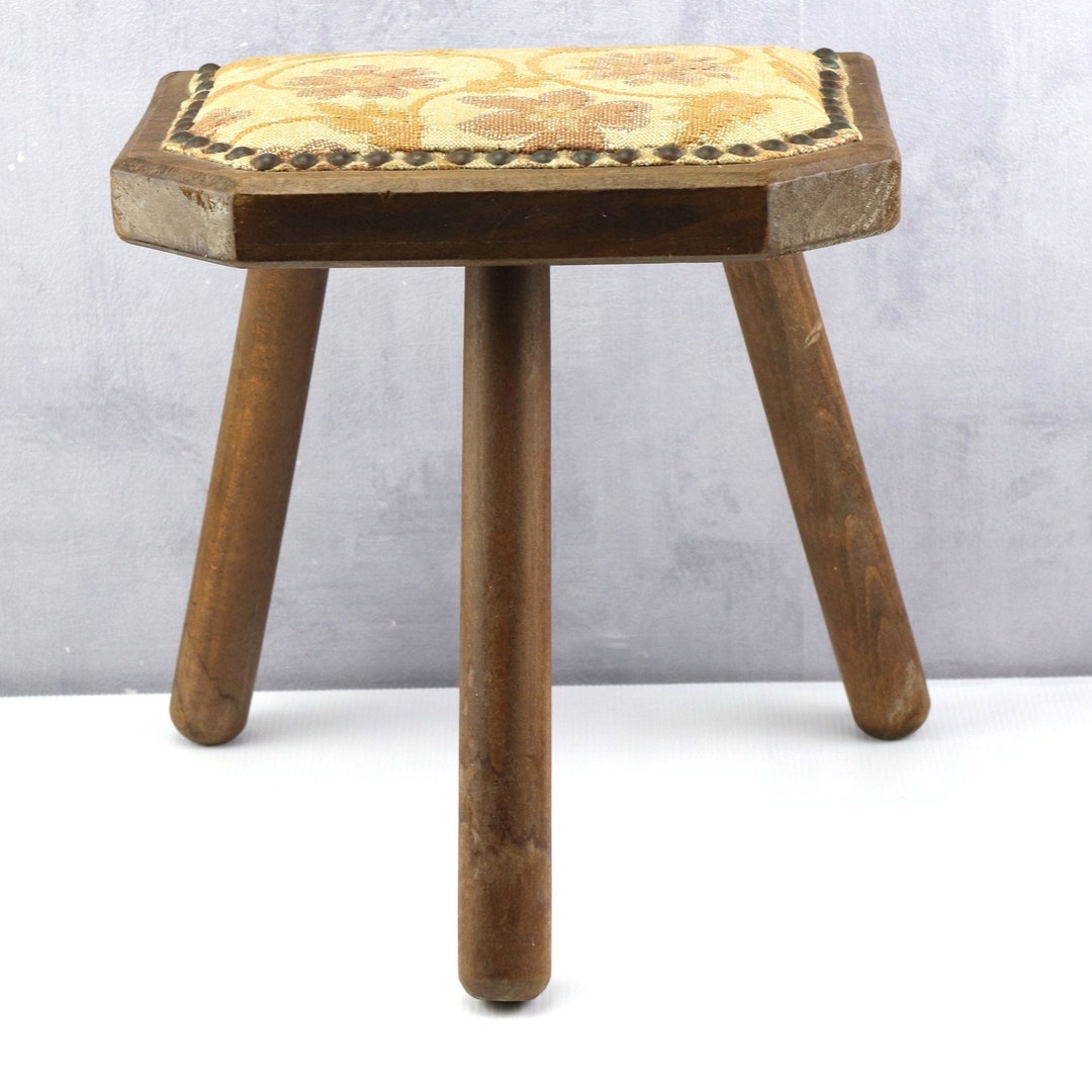 Antique French Wooden Upholstered Milking Stool With Padded Seat 19th ...