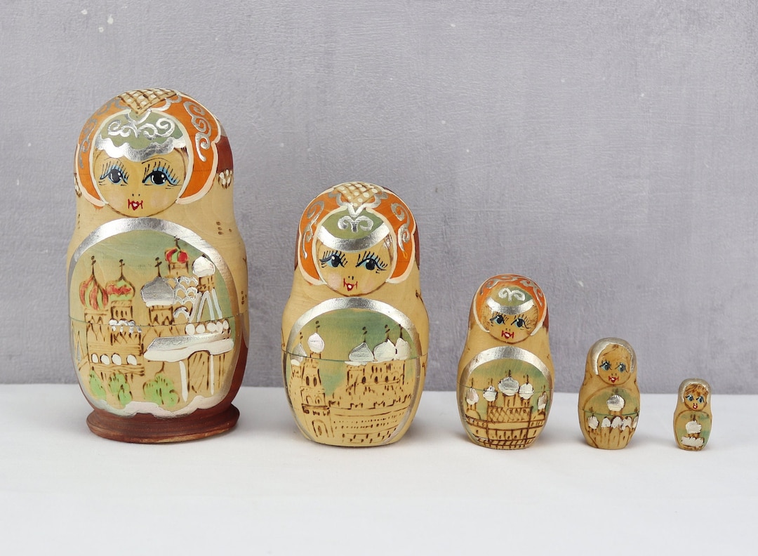 Hand Painted Light Wood Russian Dolls, Matryoshka Vintage Nesting Dolls ...