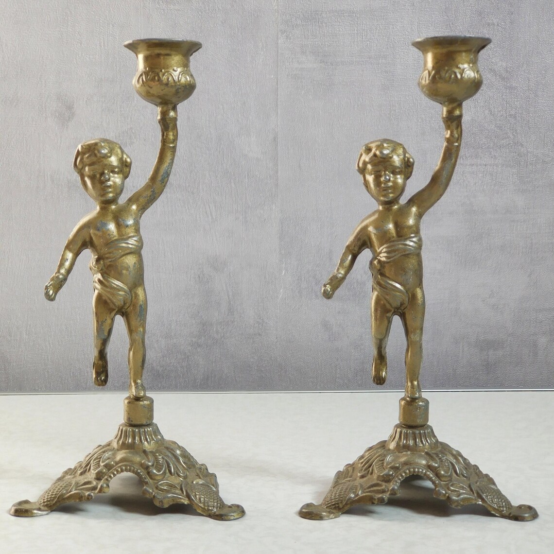Pair of Vintage Brass Cherub Candlesticks, French Brass Cherubs, Cherub ...