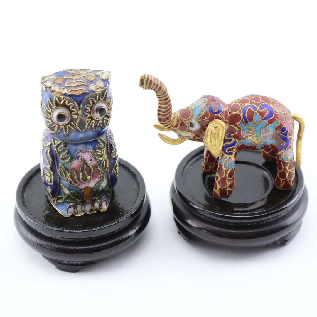 Cloisonné Owl Figurines, Miniature Cloisonné Enamel Elephant, Vintage ...
