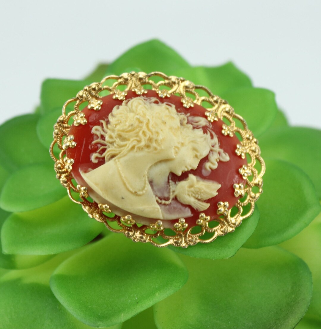 Broche vintage en métal doré, ancienne broche camée en résine, broche camée, broche dorée ...