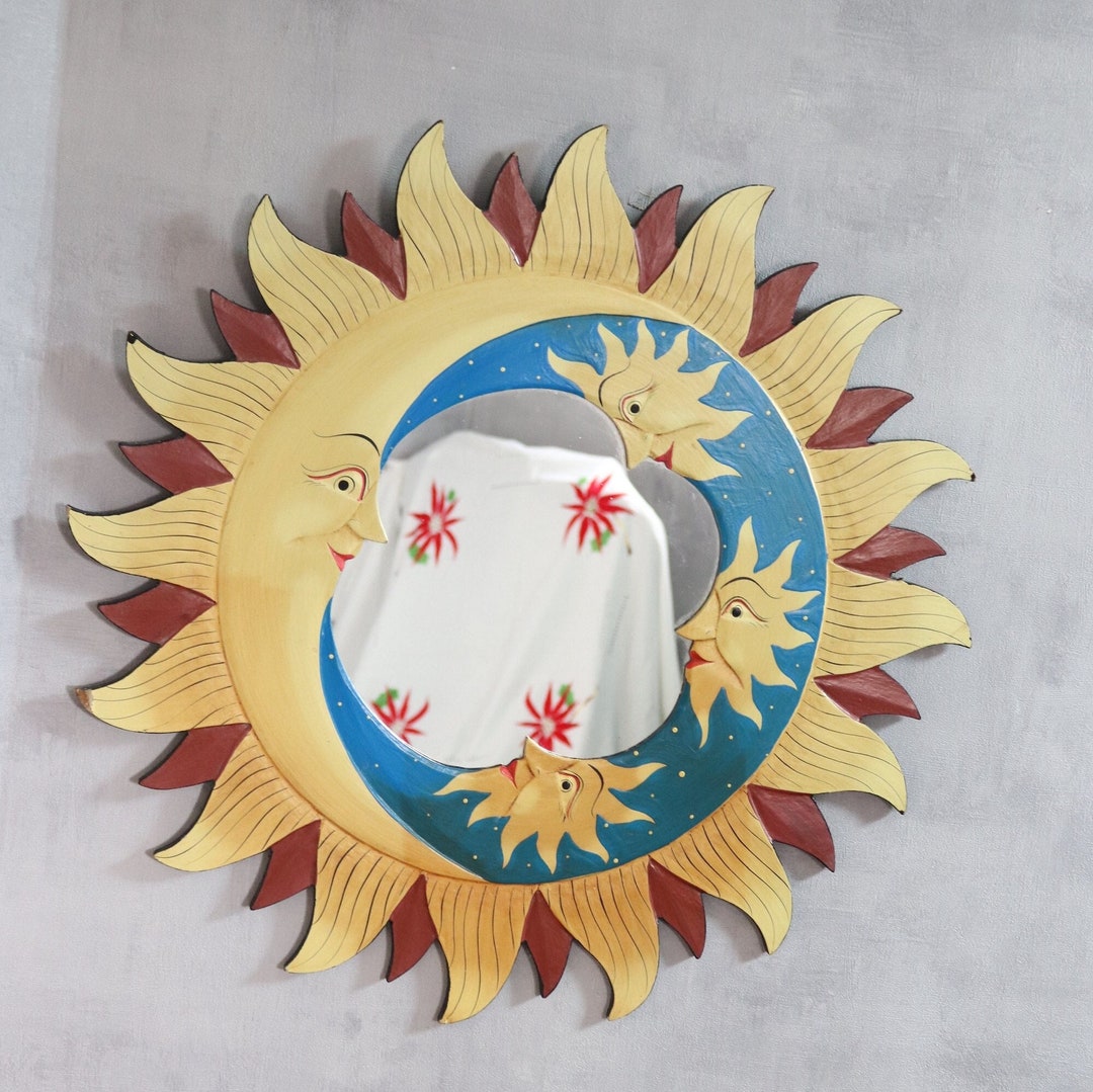 Hand-painted Vintage Wooden Mirror, Large Vintage Sun Moon Mirror in ...