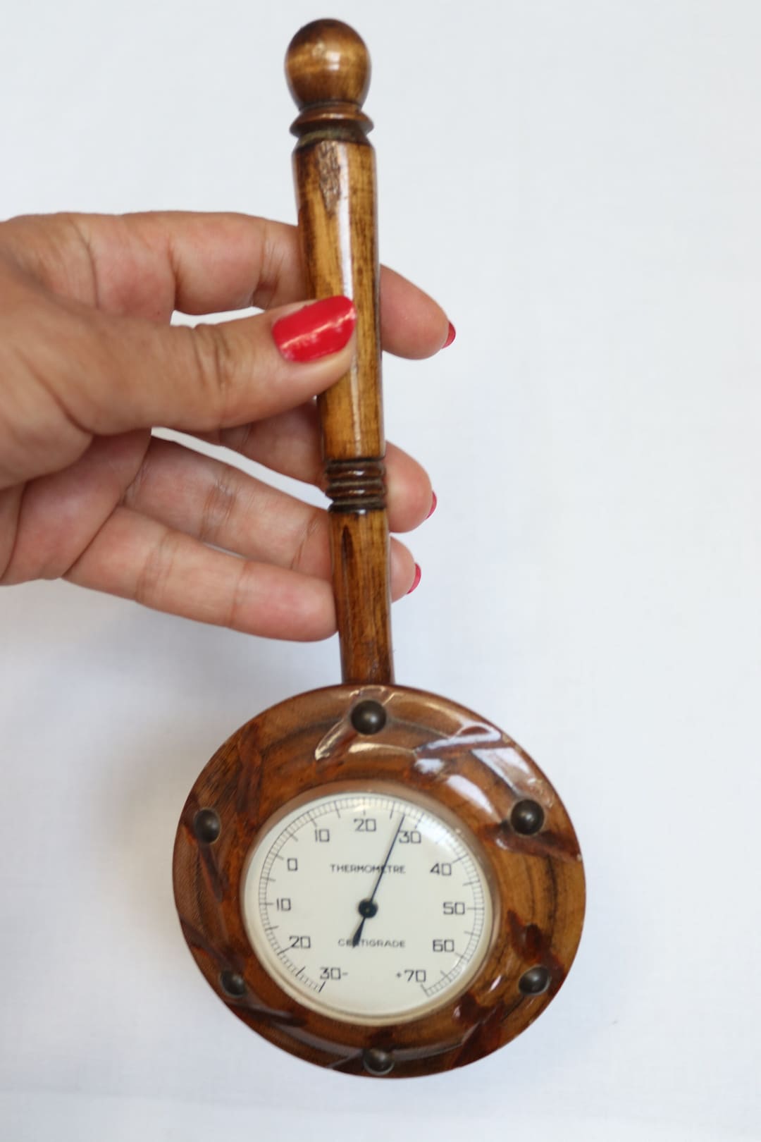 Vintage French Wooden Wall Hanging Thermometer, Small Centigrade ...