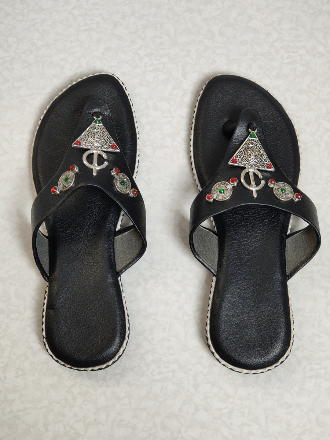 Artisanal Berber Leather Shoes for Women, Handmade Black Moroccan Flip ...