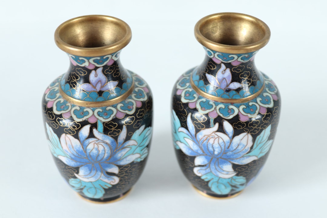Pair of Vintage Chinese Cloisonné Enamel Vases, Floral Decor Vases in ...