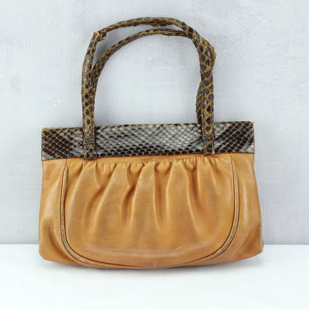 Vintage 30s Leather Collectible Handbag, Old Brown and Beige Leather ...