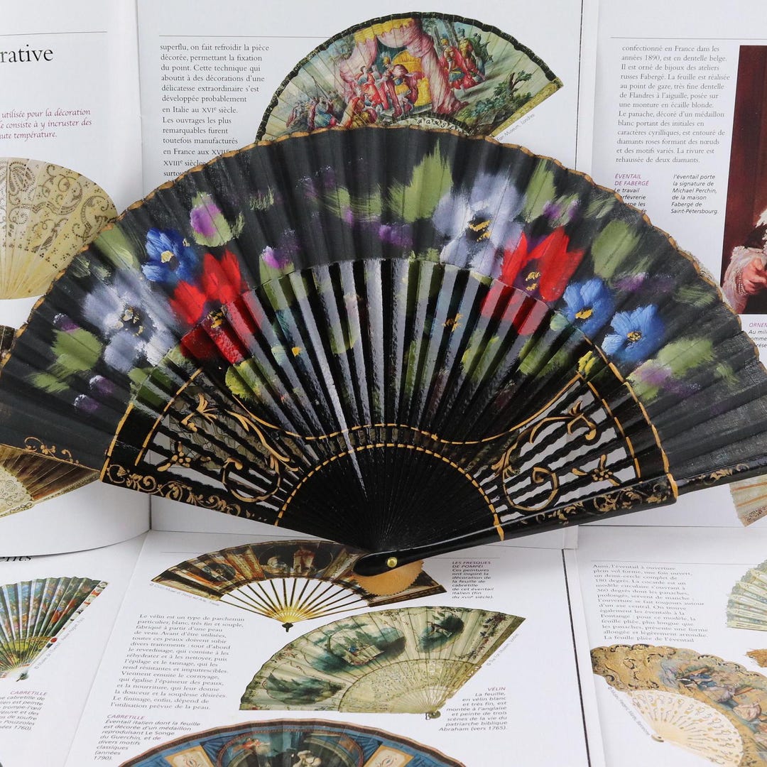 Vintage Collection Fan, Wooden and Flower Fabric Fan, Black Fan, Hand ...