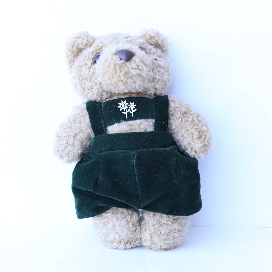 Teddy Bear, Vintage 80s Plush, Teddy Bear Green Overalls Edelweiss ...