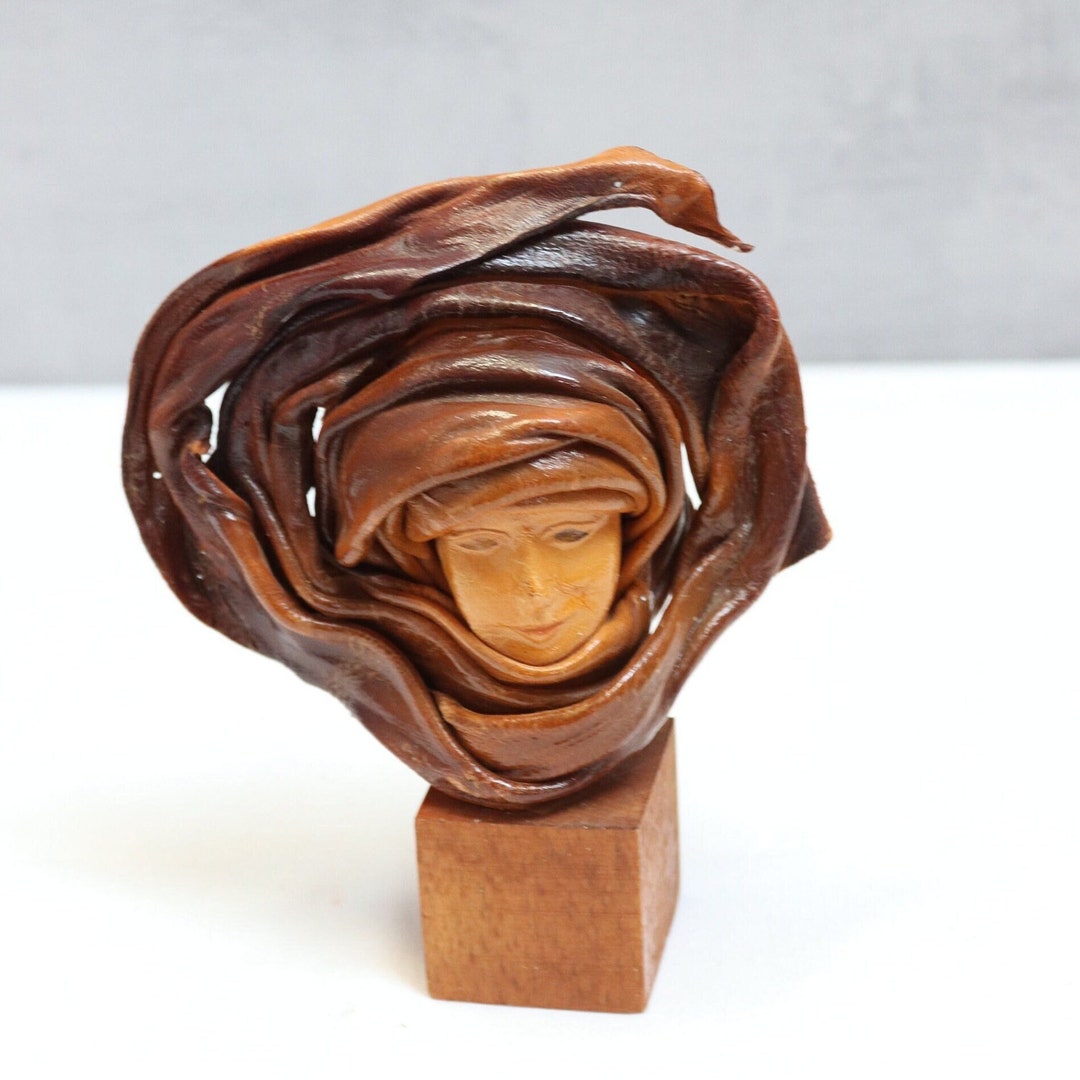 Vintage Handmade Leather Tuareg Man Mask on Its Wooden Support, Small ...