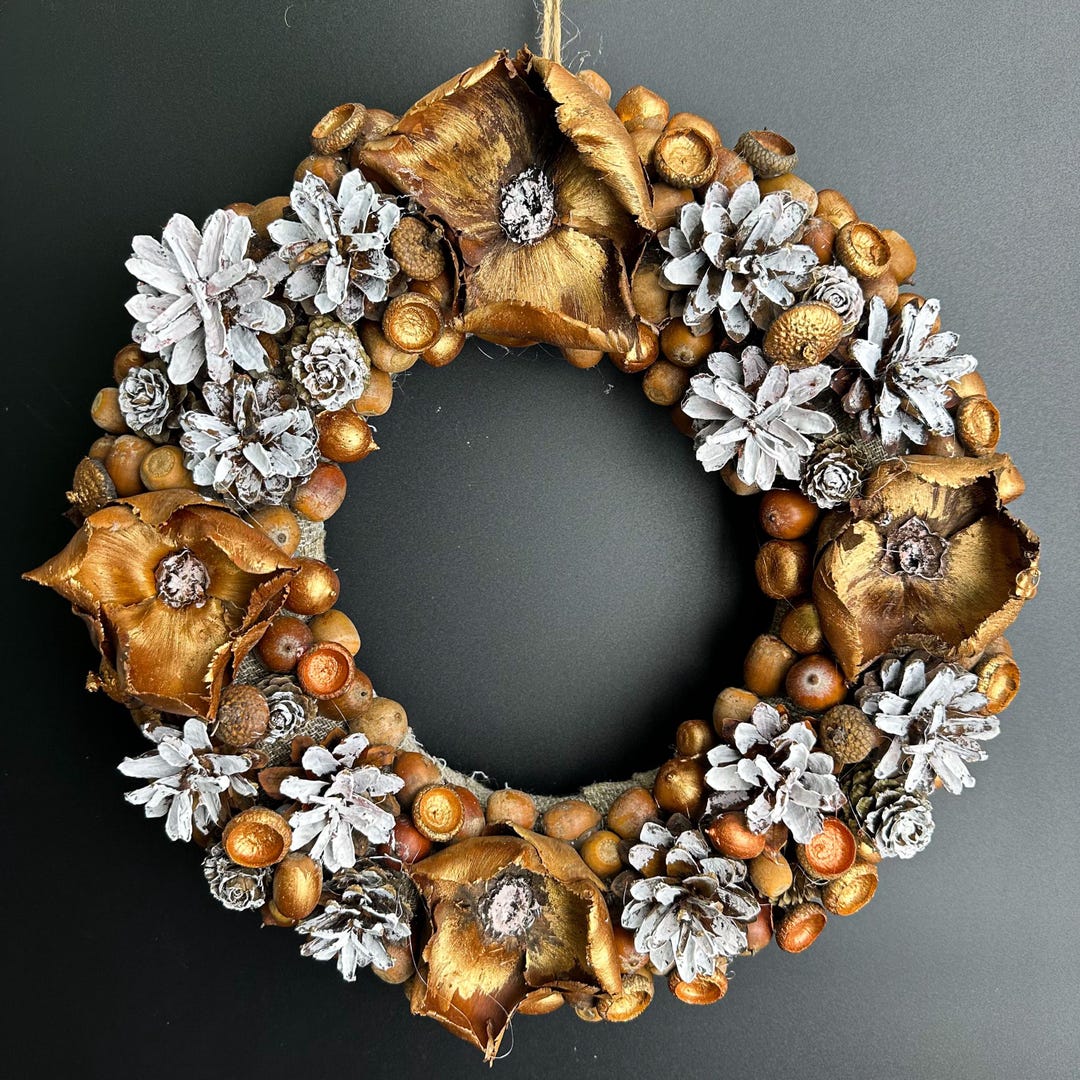 3-inch Handcrafted Wreath With Golden Pods, Frosted Pinecones, and ...