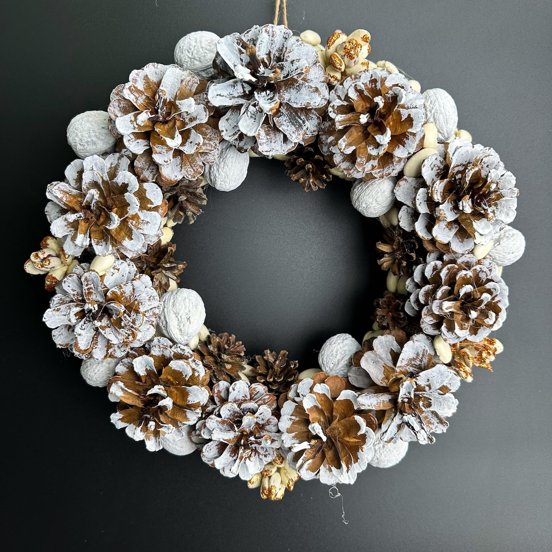 13-inch Handmade Winter Wreath With Frosted Pinecones, Natural Nuts ...