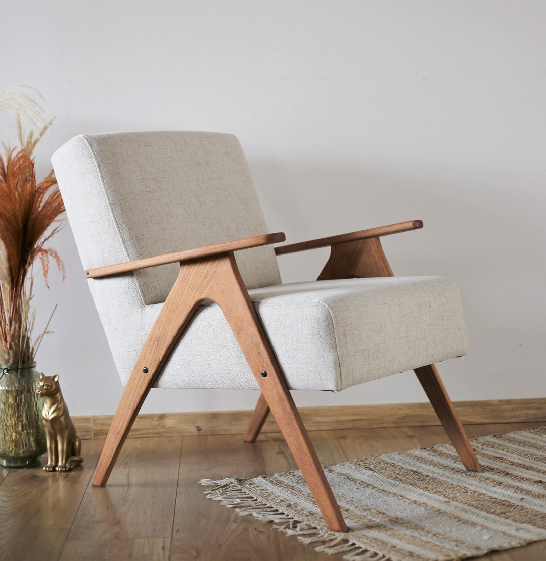 Mid-century Modern Armchair in Beige Linen, Handmade Vintage-style ...