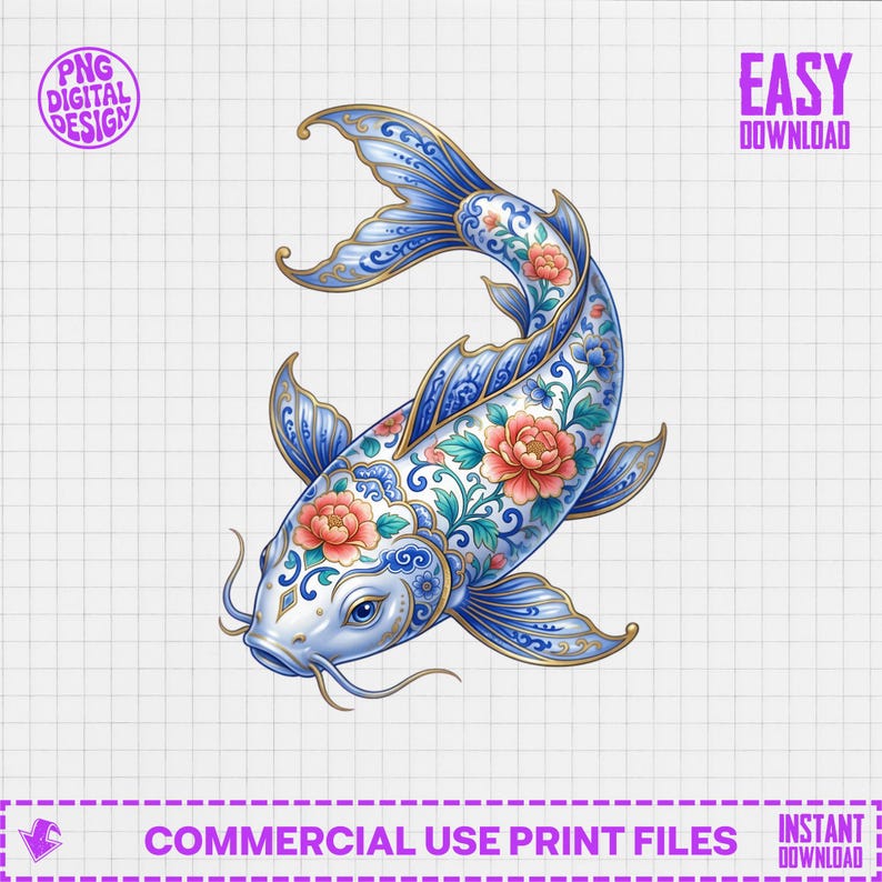 Chinoiserie Koi Fish PNG, Blue & White Floral Faux Gold Peony Oriental ...