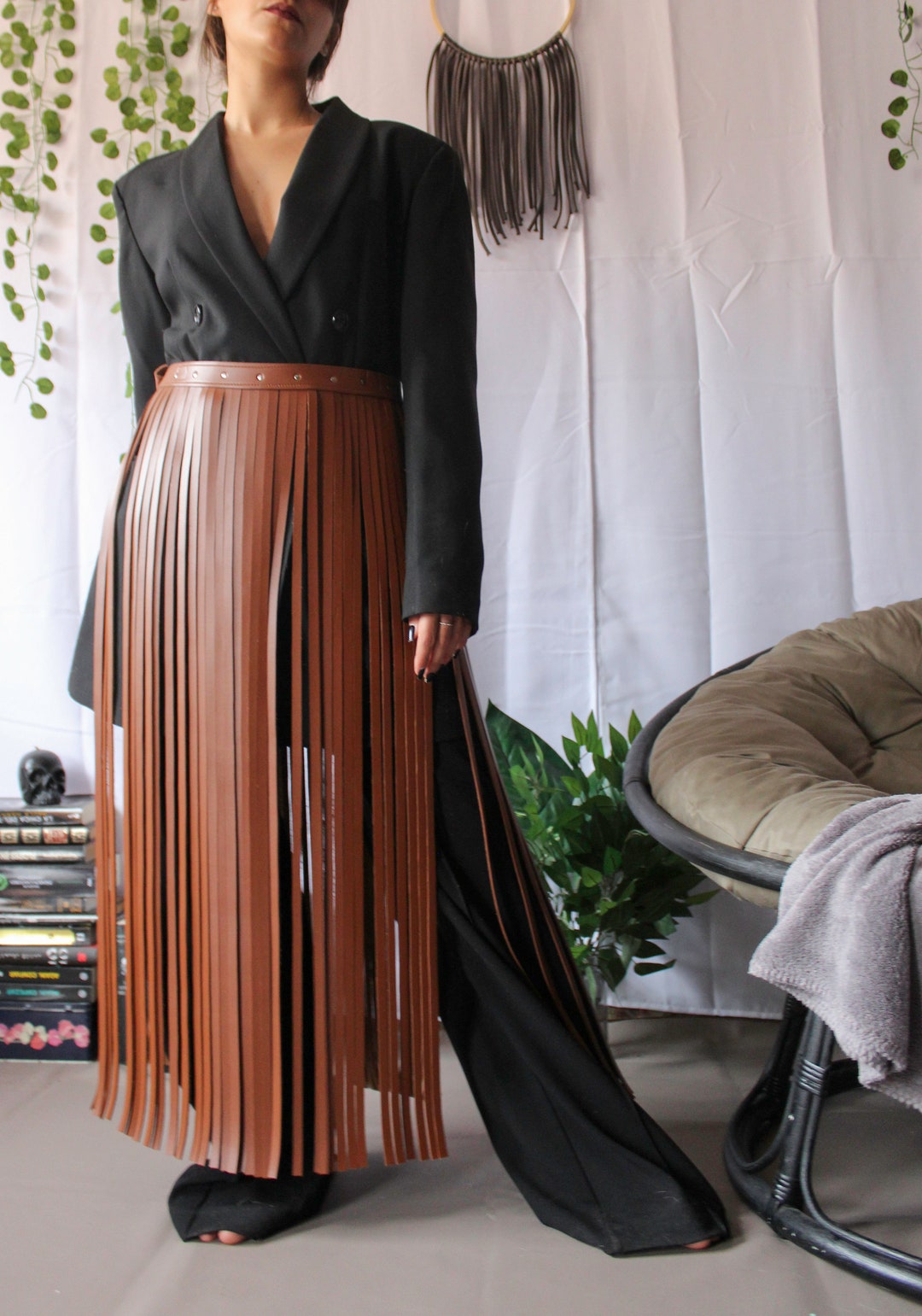 Soft Leather Fringe Skirt goth Harness Belt With Fringe Vegan Leather ...