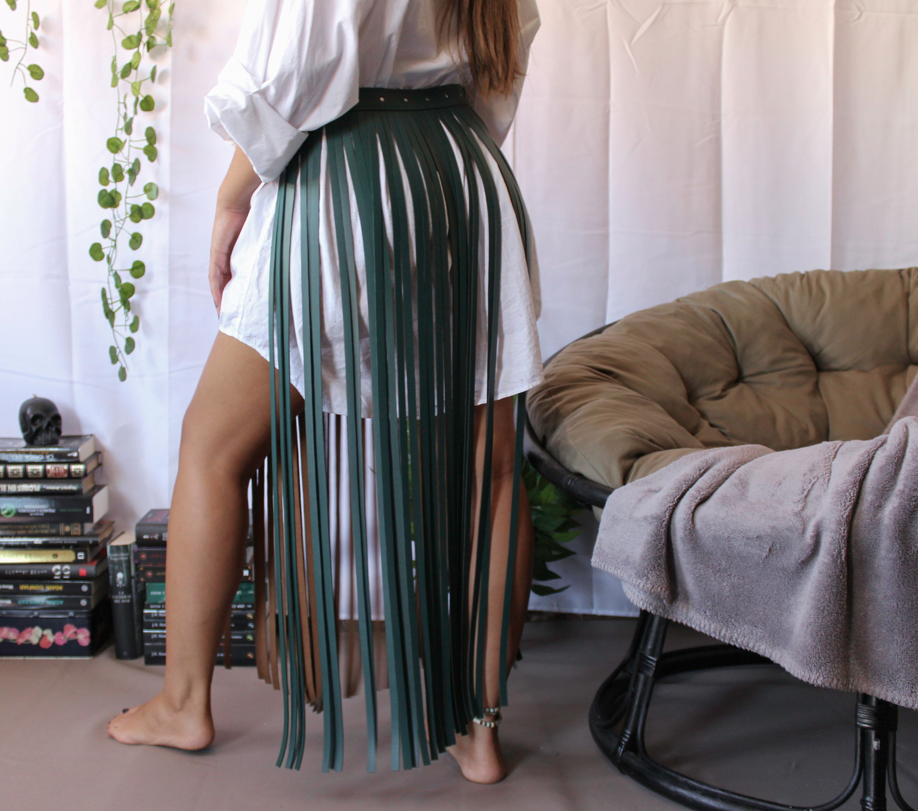 Soft Leather Fringe Skirt goth Harness Belt With Fringe Vegan Leather ...