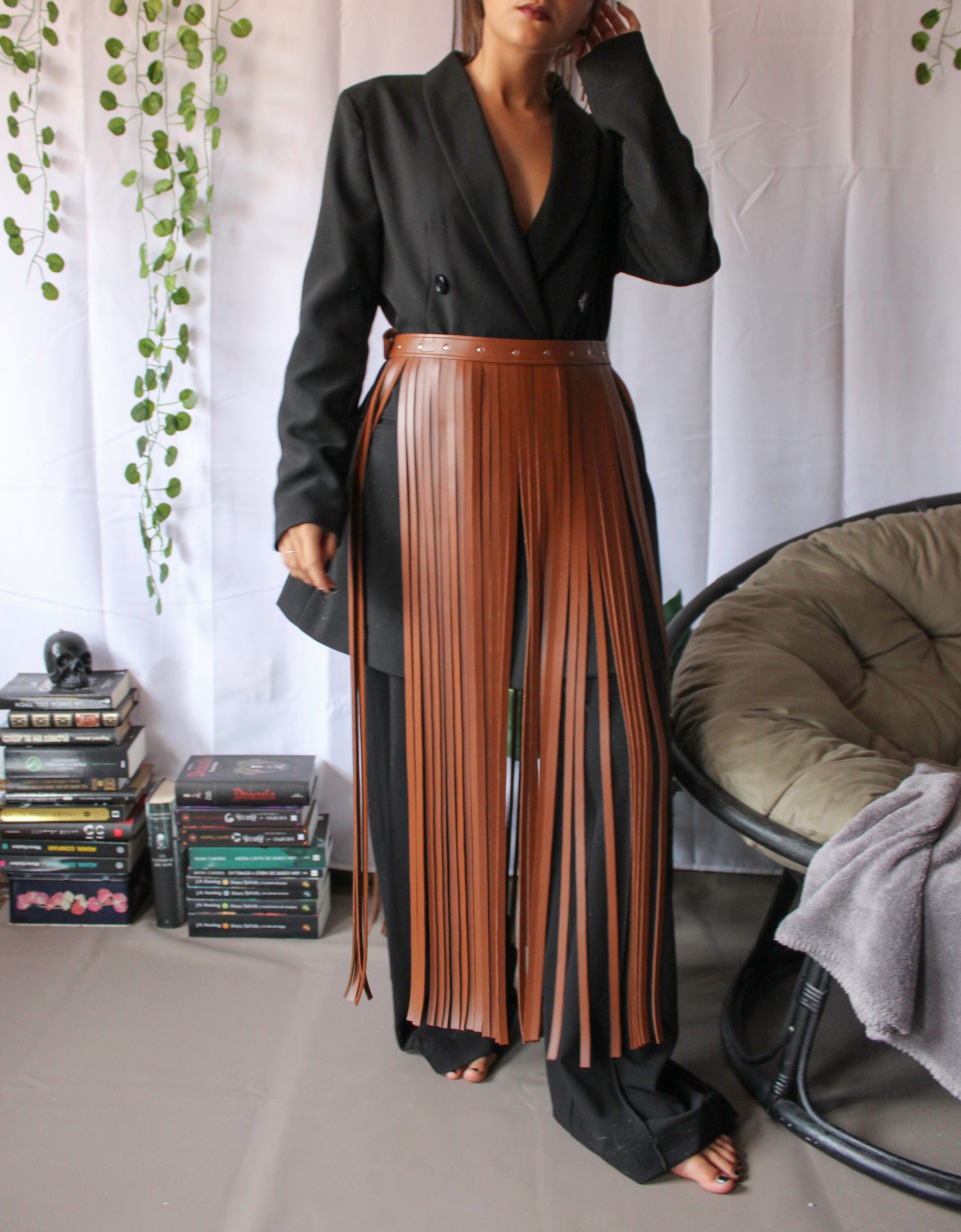 Soft Leather Fringe Skirt, Goth Harness Belt With Fringe, Vegan Leather ...