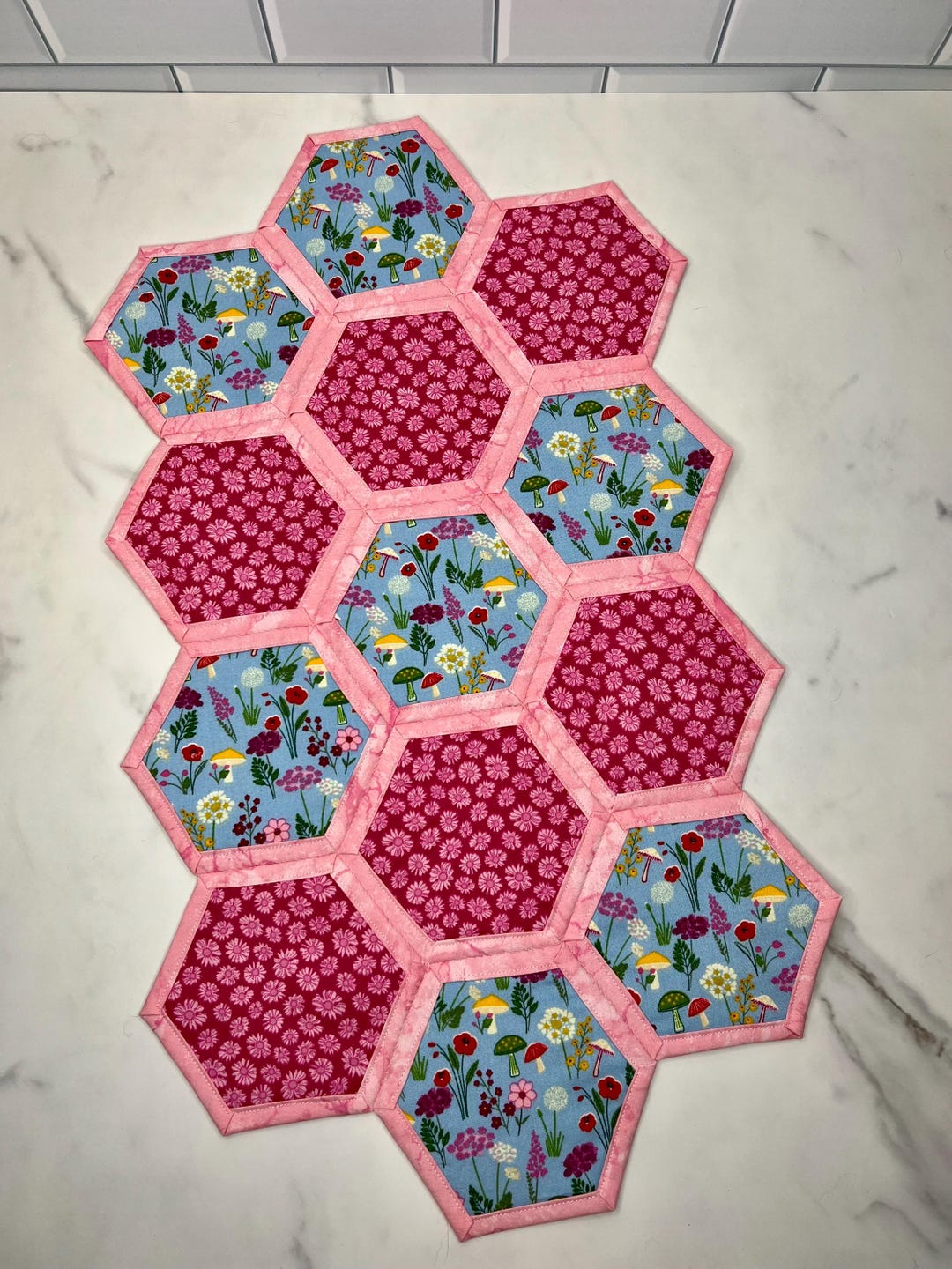 Hand Sewn Quilted Table Runner: Pink Mushroom Floral Cottagecore Decor ...