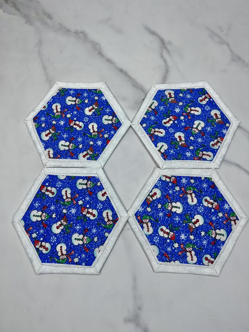 Blue Snowflake Coasters| Quilted Snowman Mug Rugs, Winter Table Decor ...