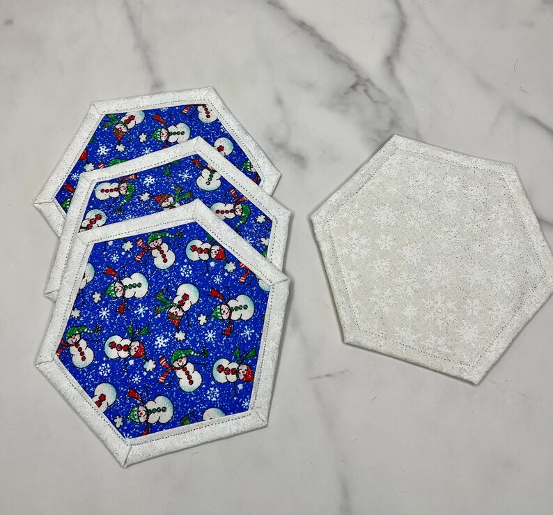Blue Snowflake Coasters| Quilted Snowman Mug Rugs, Winter Table Decor ...
