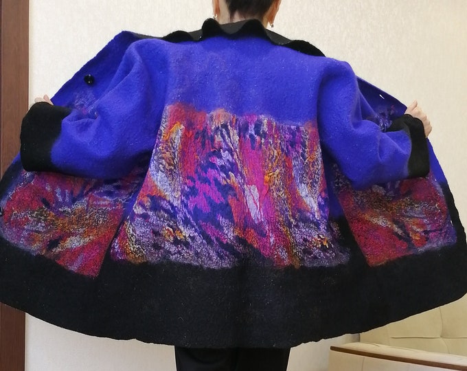 Felted Black Coat, Women Oversized Jacket, Reversible Nuno Felted Coat ...