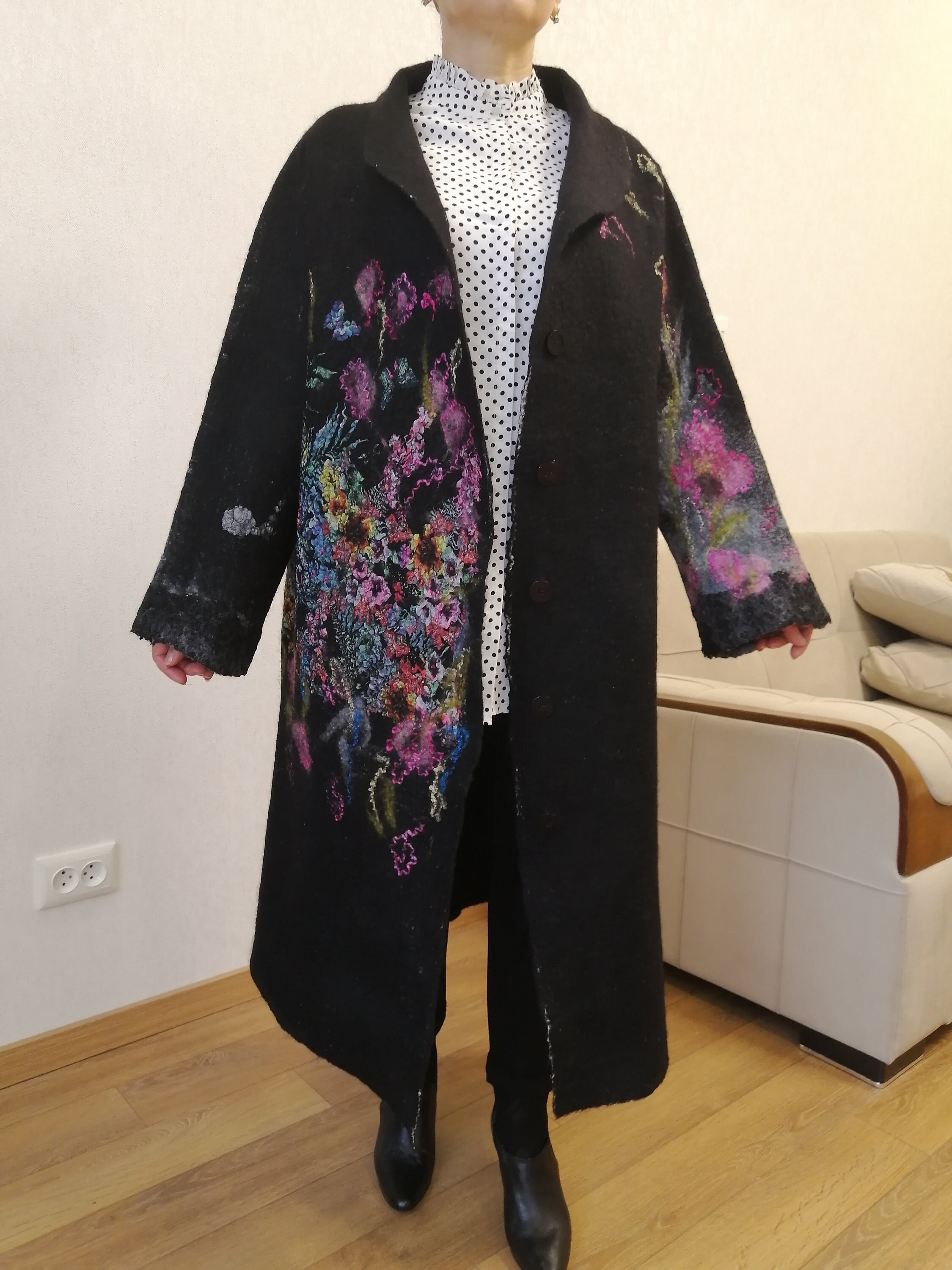 Long Hand Felted Black Women Coat , Merino Wool Jasket, Nuno Felted ...