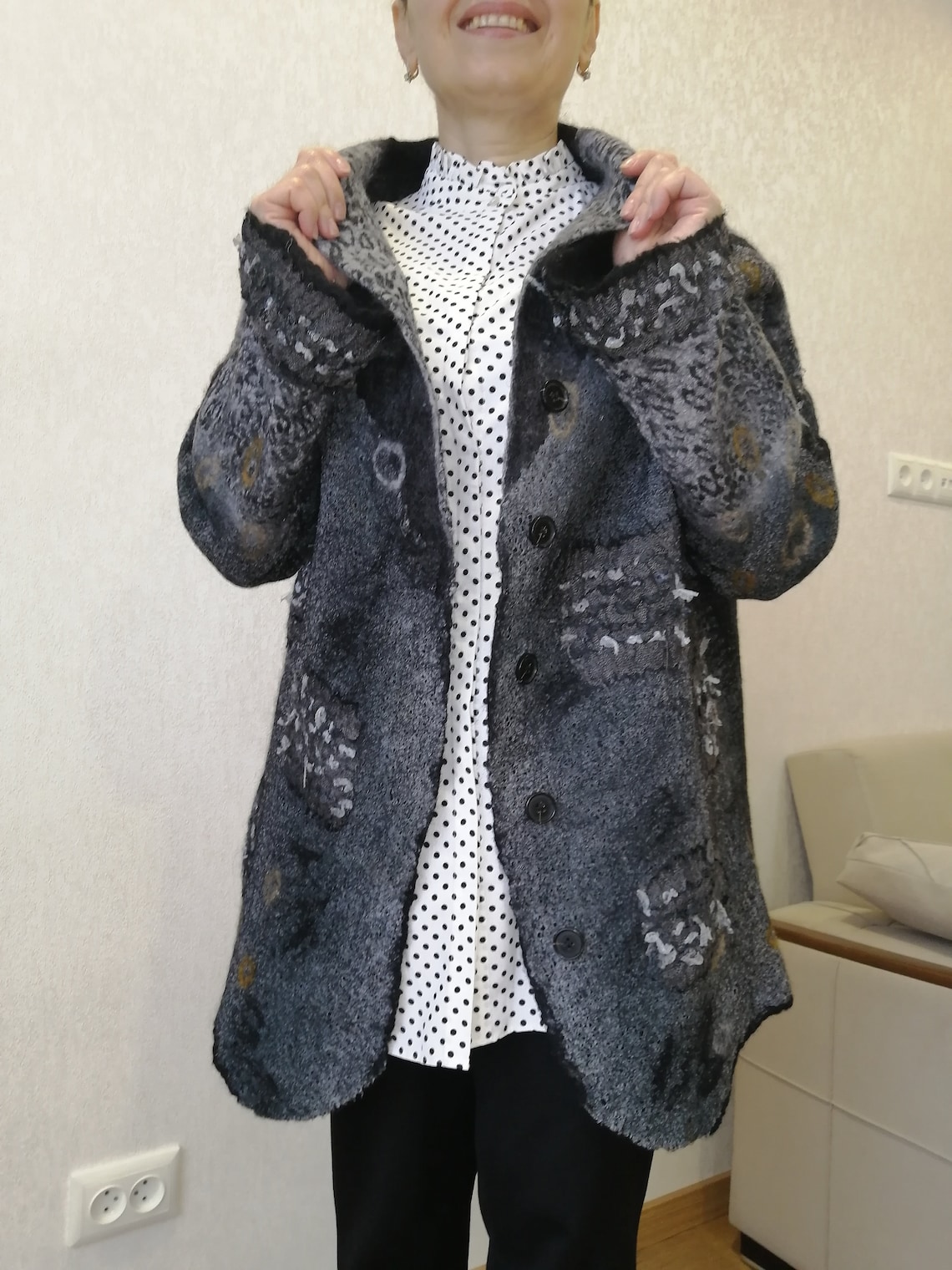 Boho Chic Felted Black-gray Coat, Women Wool Jacket, Nuno Felted Coat ...