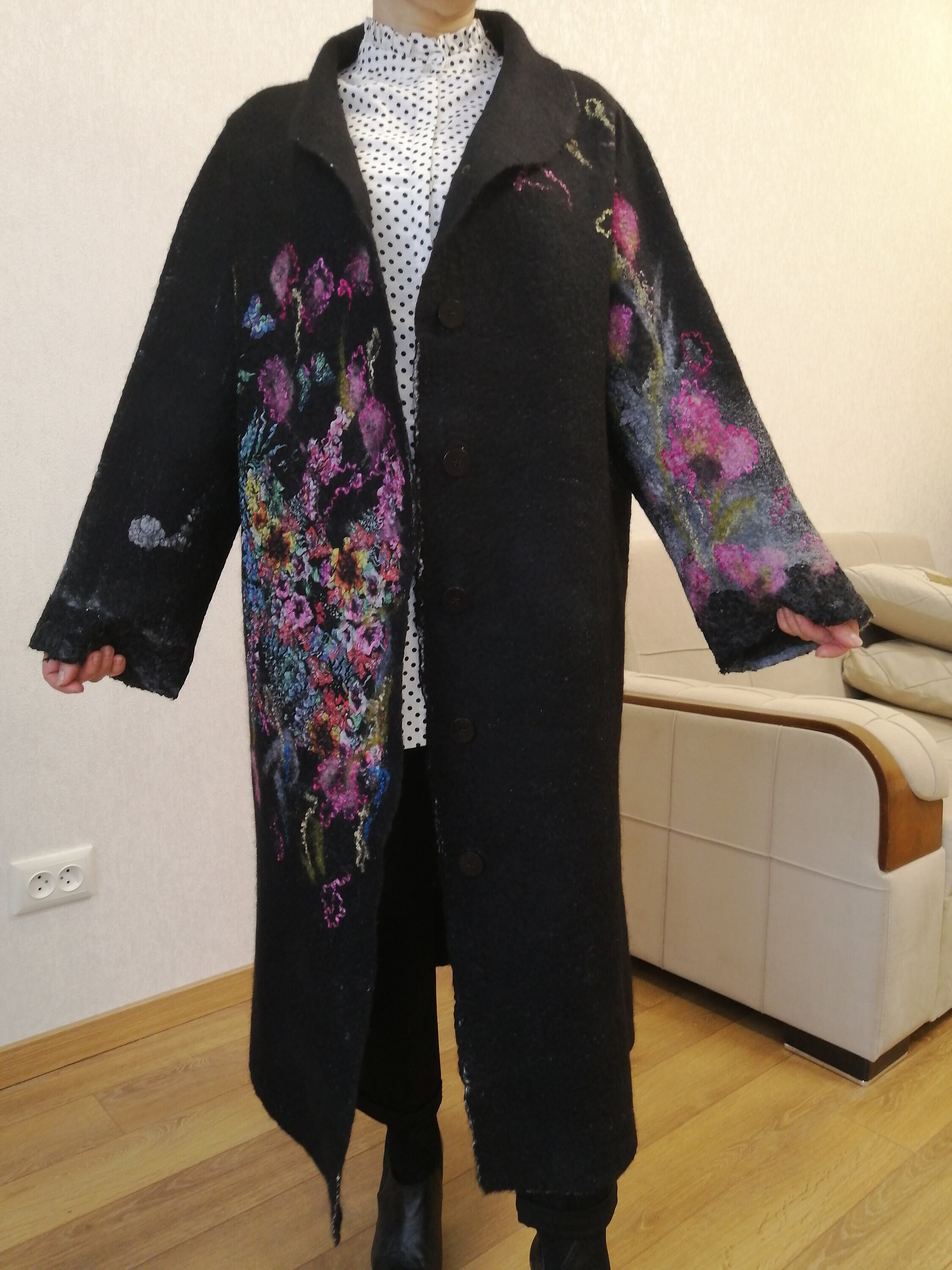 Long Hand Felted Black Women Coat , Merino Wool Jasket, Nuno Felted ...
