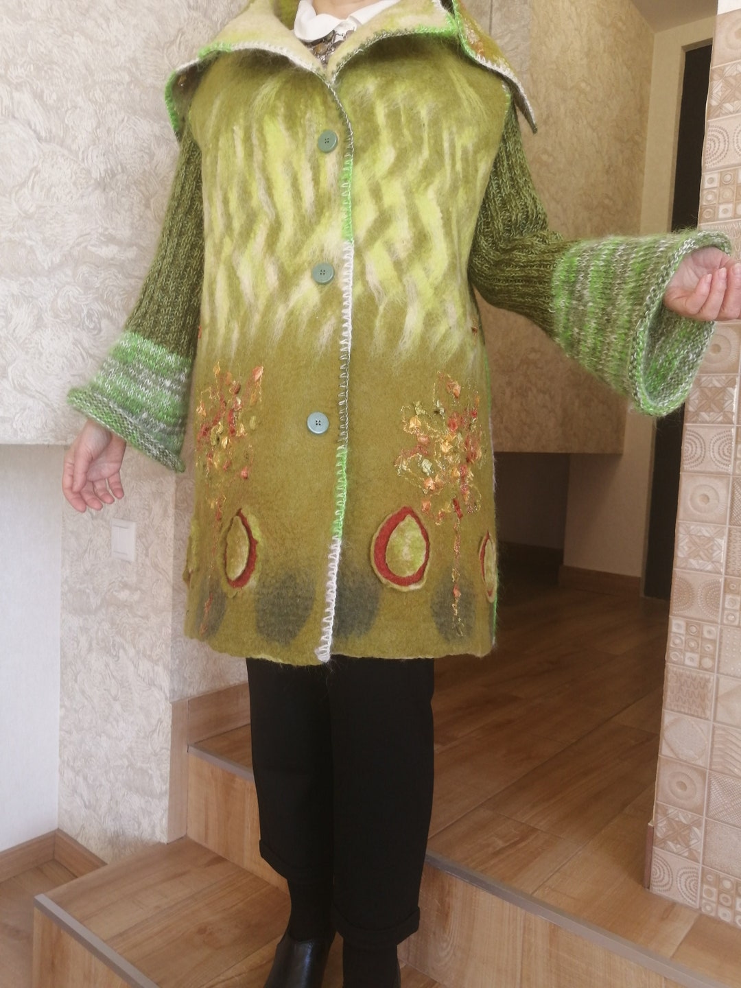 Hand Felted Green Coat , Warm Jacket for Women, Merino Wool Coat, Nuno ...