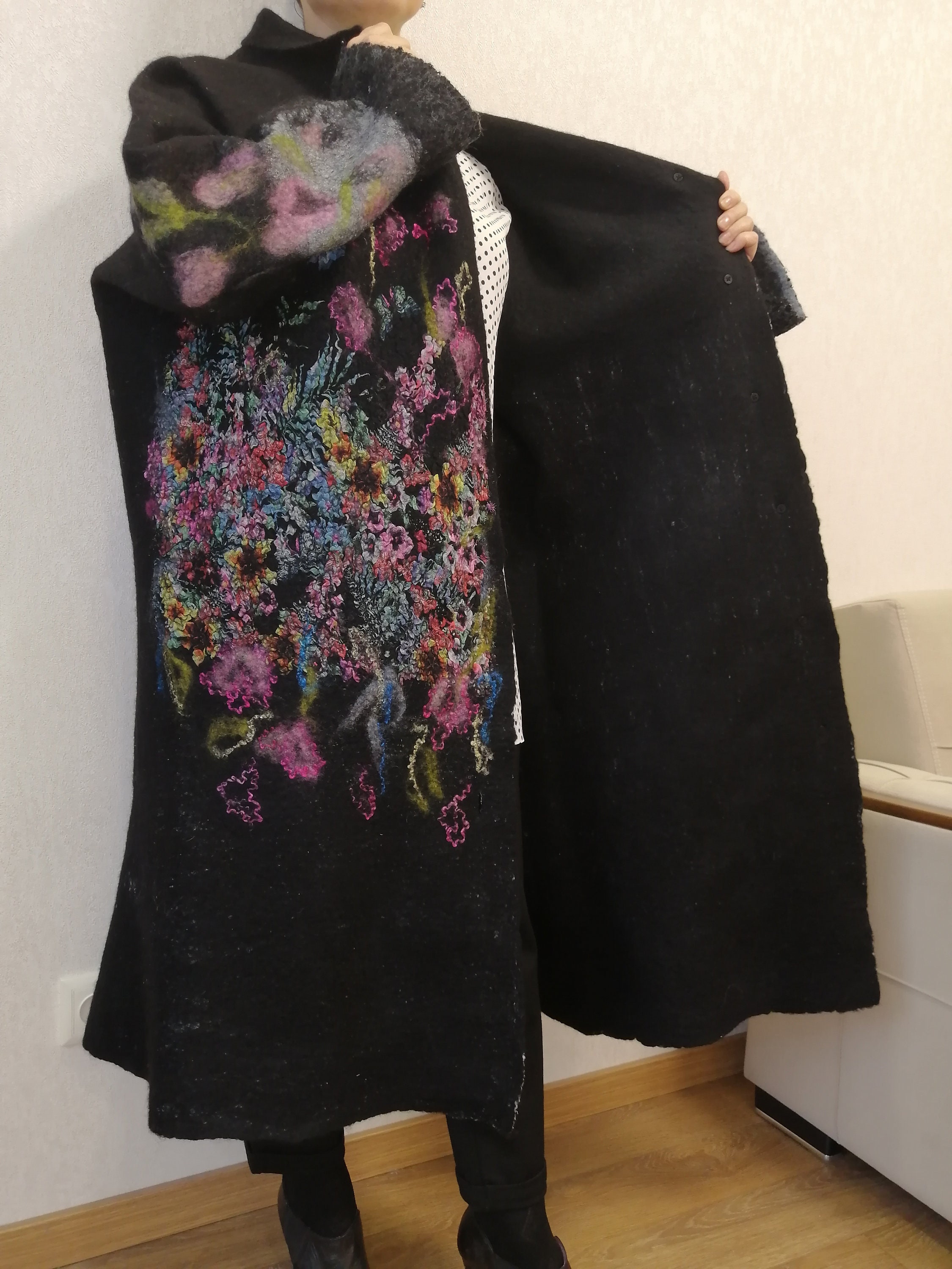 Long Hand Felted Black Women Coat , Merino Wool Jasket, Nuno Felted ...