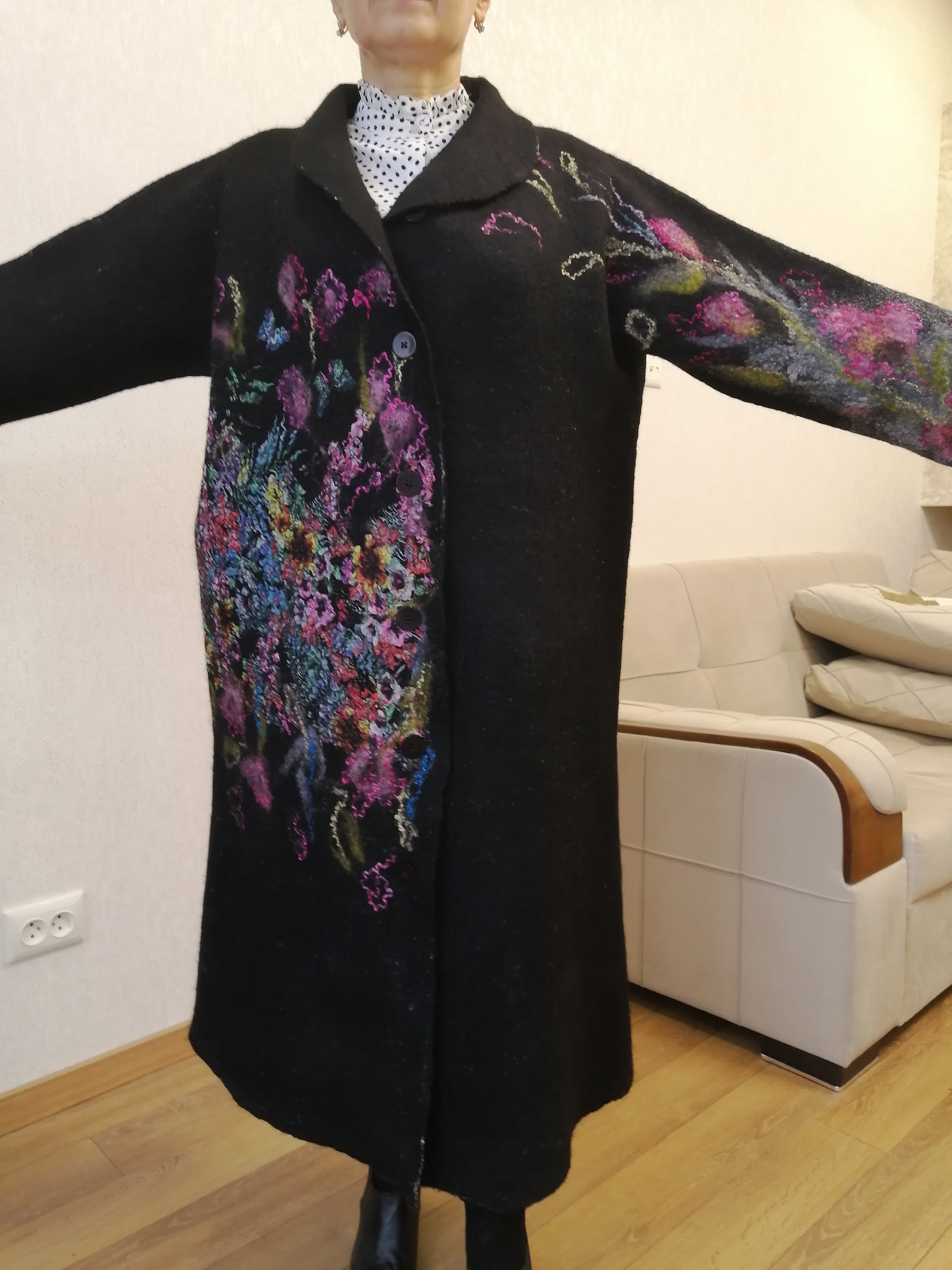 Long Hand Felted Black Women Coat , Merino Wool Jasket, Nuno Felted ...