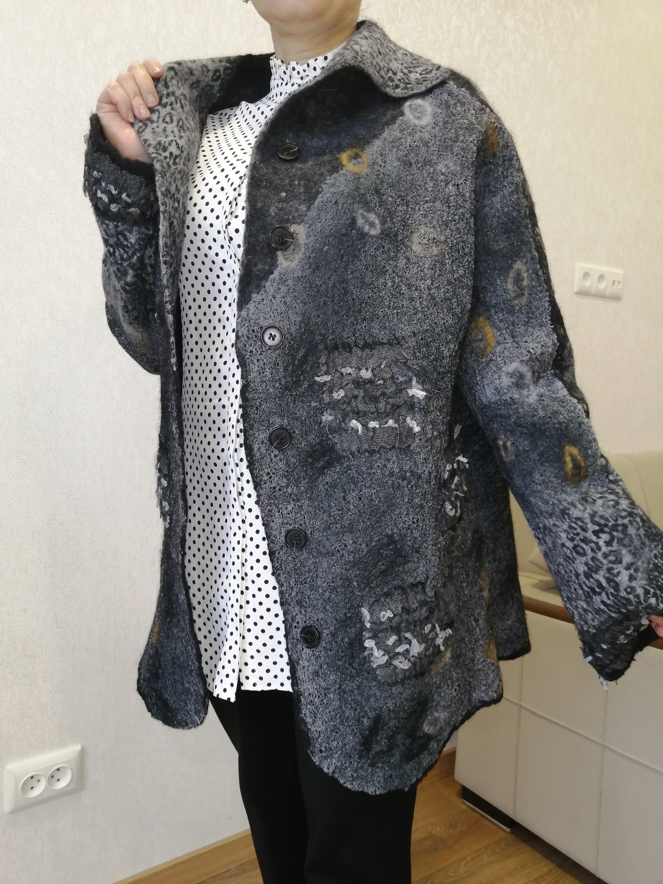Boho Chic Felted Black-gray Coat, Women Wool Jacket, Nuno Felted Coat ...
