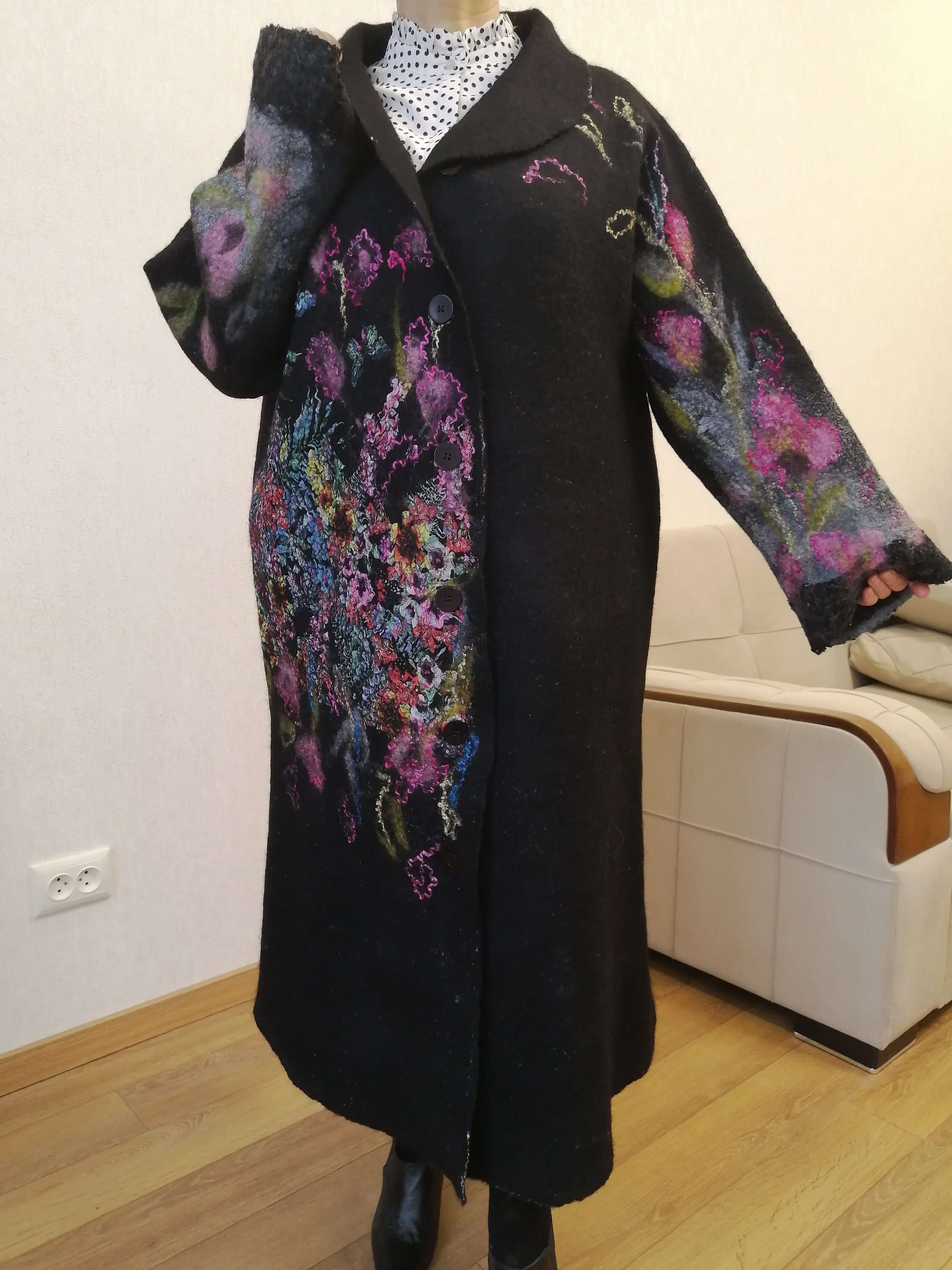 Long Hand Felted Black Women Coat , Merino Wool Jasket, Nuno Felted ...