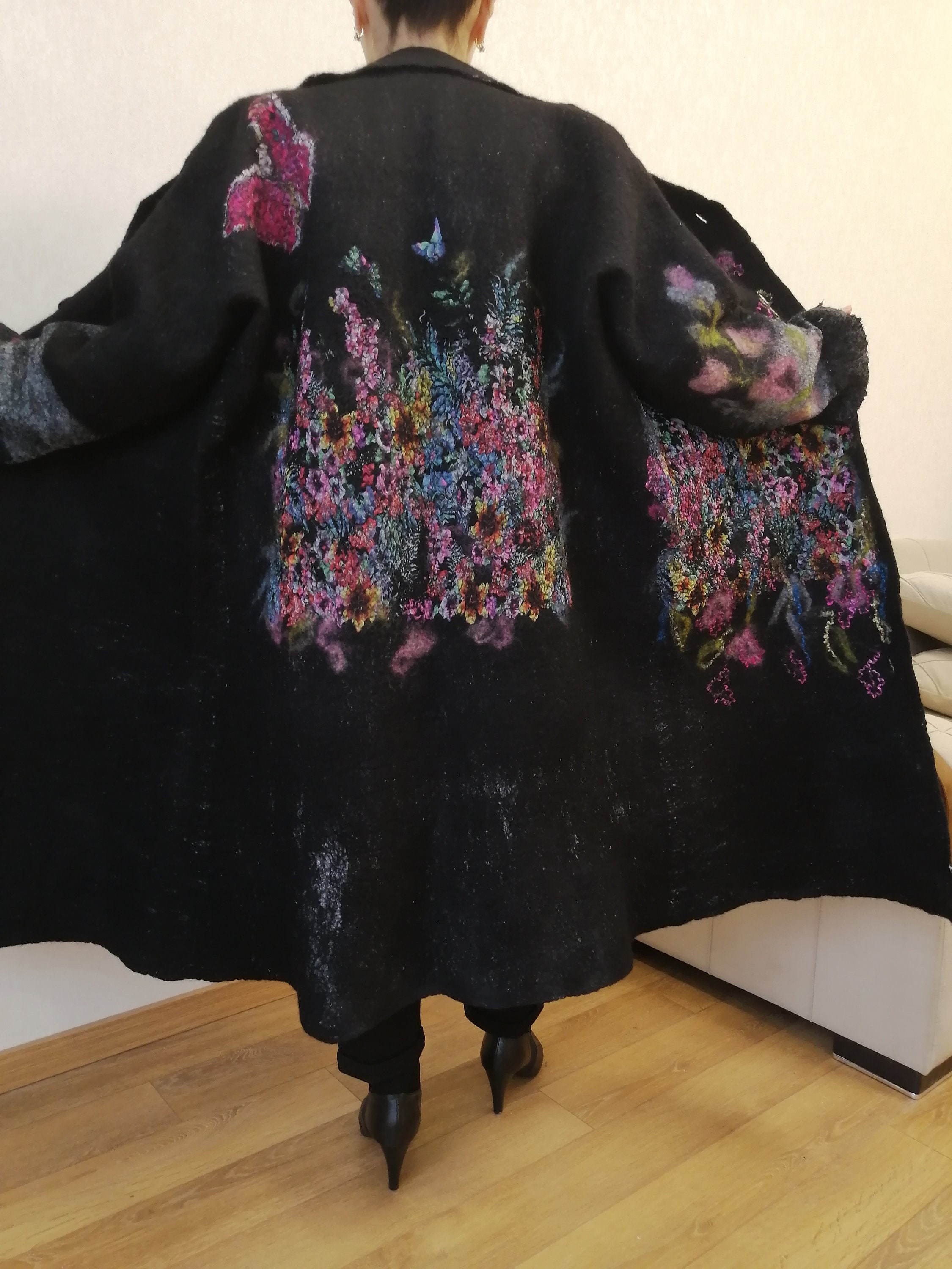 Long Hand Felted Black Women Coat , Merino Wool Jasket, Nuno Felted ...