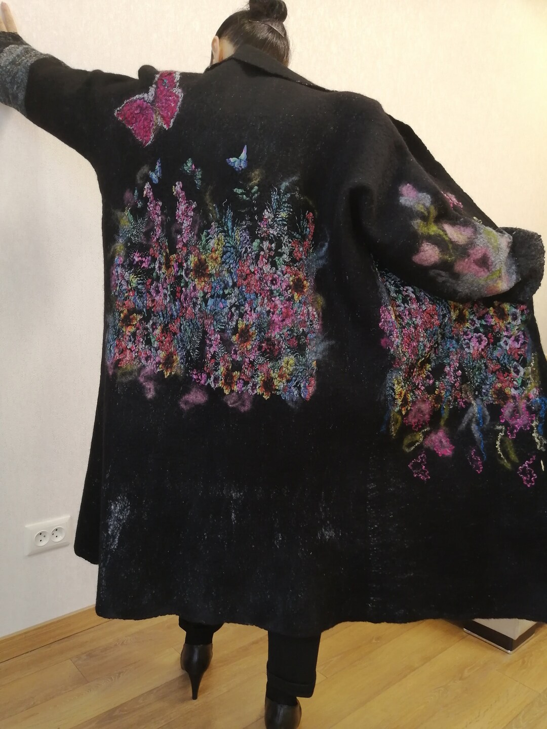Long Hand Felted Black Women Coat , Merino Wool Jasket, Nuno Felted ...