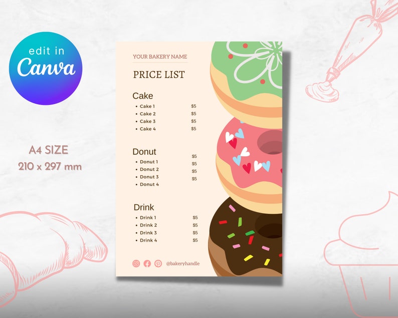 Donut Pricing List Bakery Editable Canva Price List - Etsy