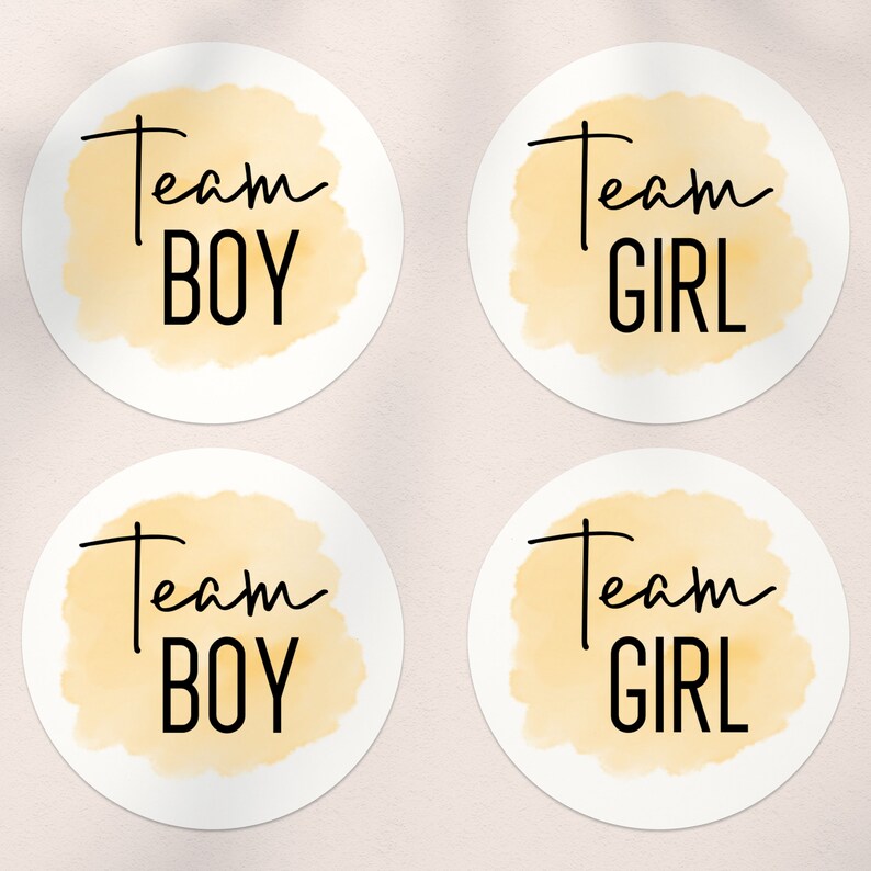 Team Boy and Team Girl Yellow Watercolor Gender Reveal Stickers, Print ...