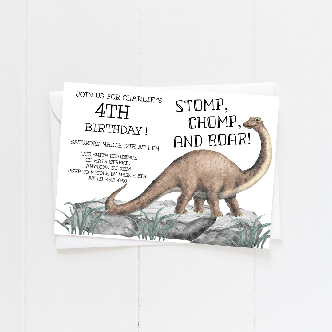 Stomp Chomp and Roar Dinosaur Birthday Party Invitation, Dinosaur Theme ...