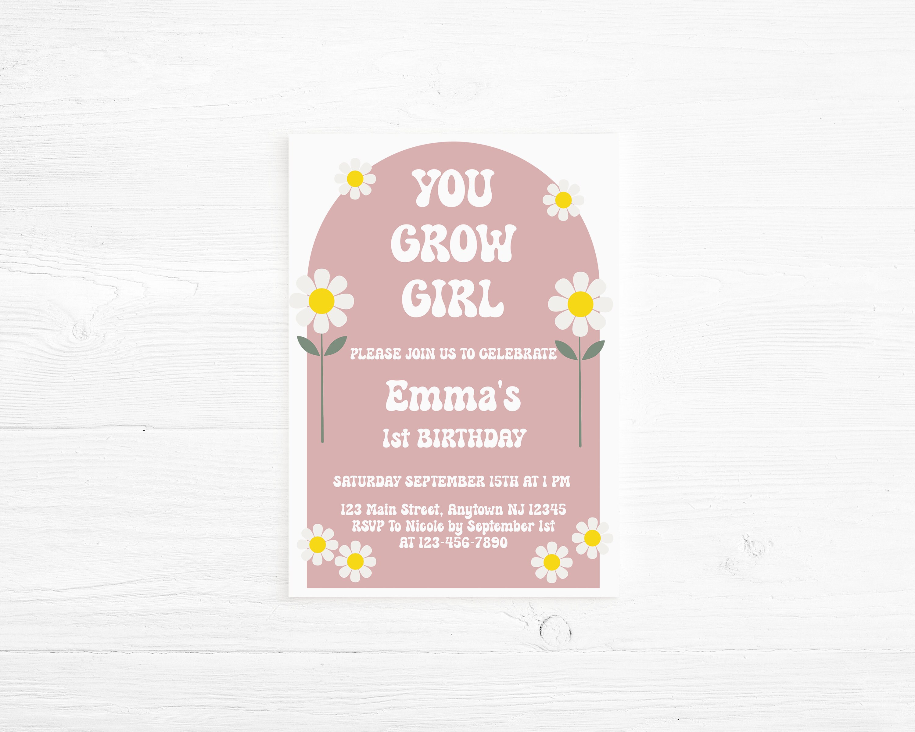 You Grow Girl Birthday Party Invitation, Retro Daisy Themed Birthday ...